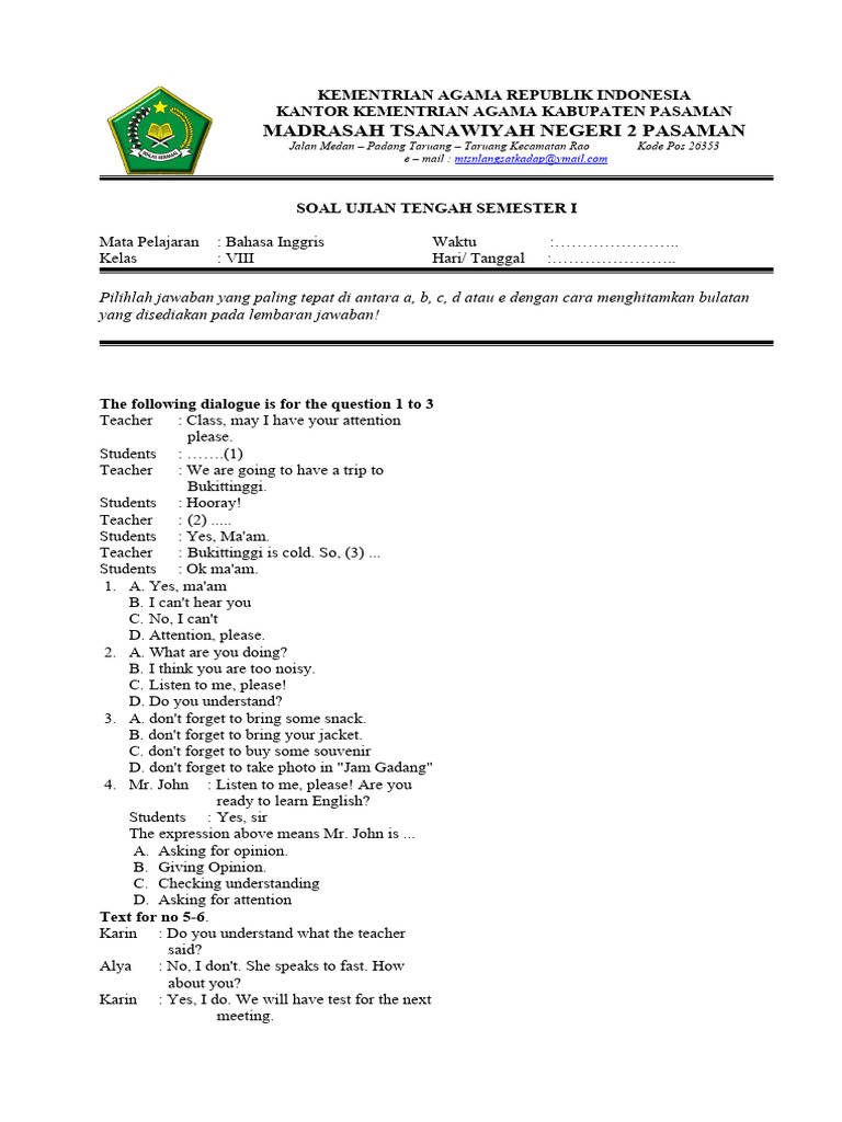 Soal Bahasa Inggris Kelas Viii MTSN 2 Pasaman | PDF | Language Arts & Discipline