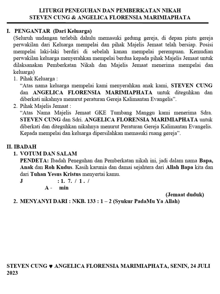 LITURGI PENEGUHAN DAN PEMBERKATAN NIKAH An. STEVEN & ANGELICA | PDF