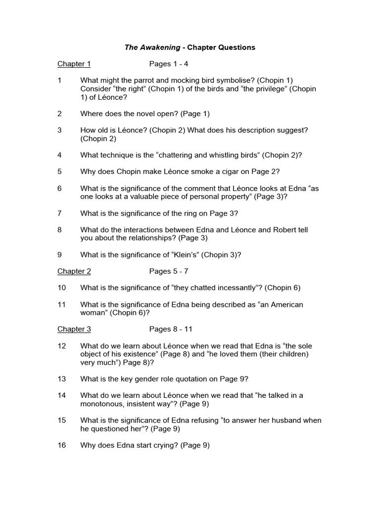 Chapter Questions - The Awakening | PDF | The Awakening (Chopin Novel)