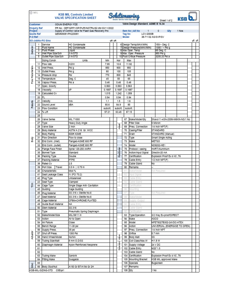 Control Valve Specification Sheet | PDF