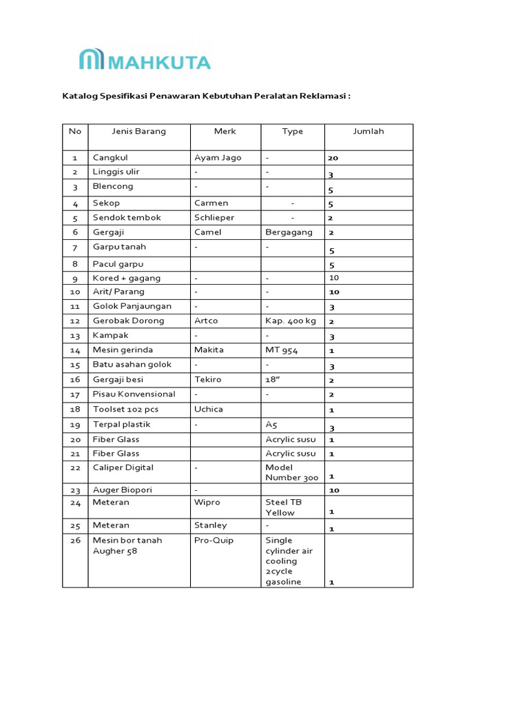 Katalog Spesifikasi Barang Kebutuhan Peralatan Reklamasi | PDF