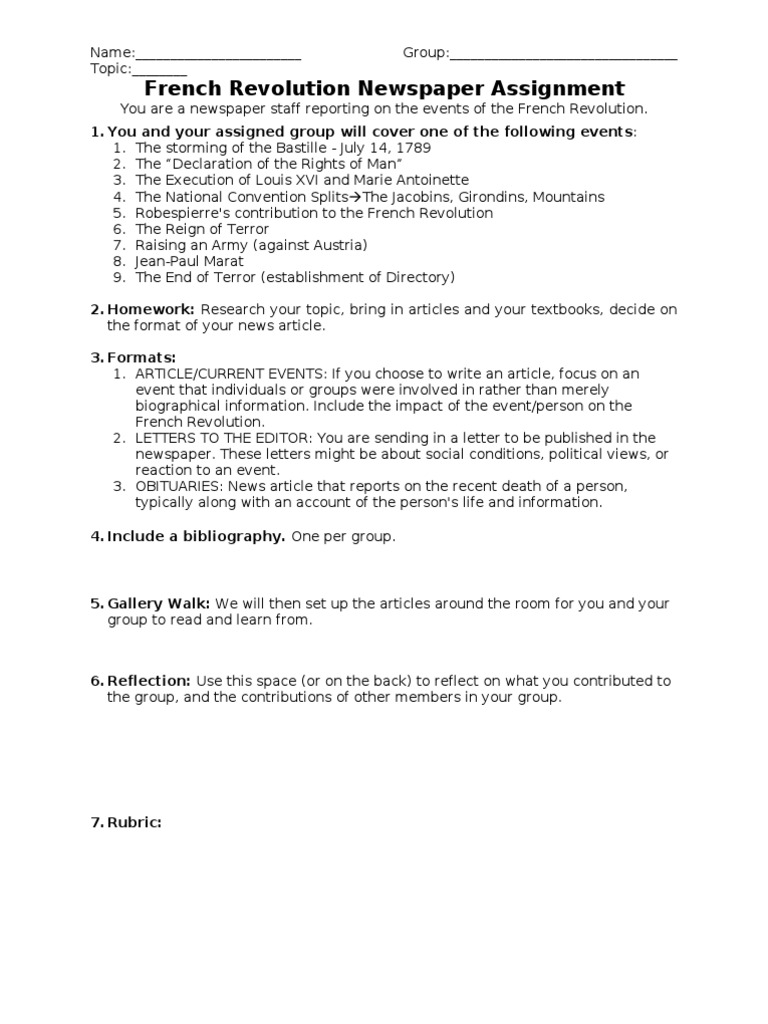 French Revolution Newspaper Assignment | PDF