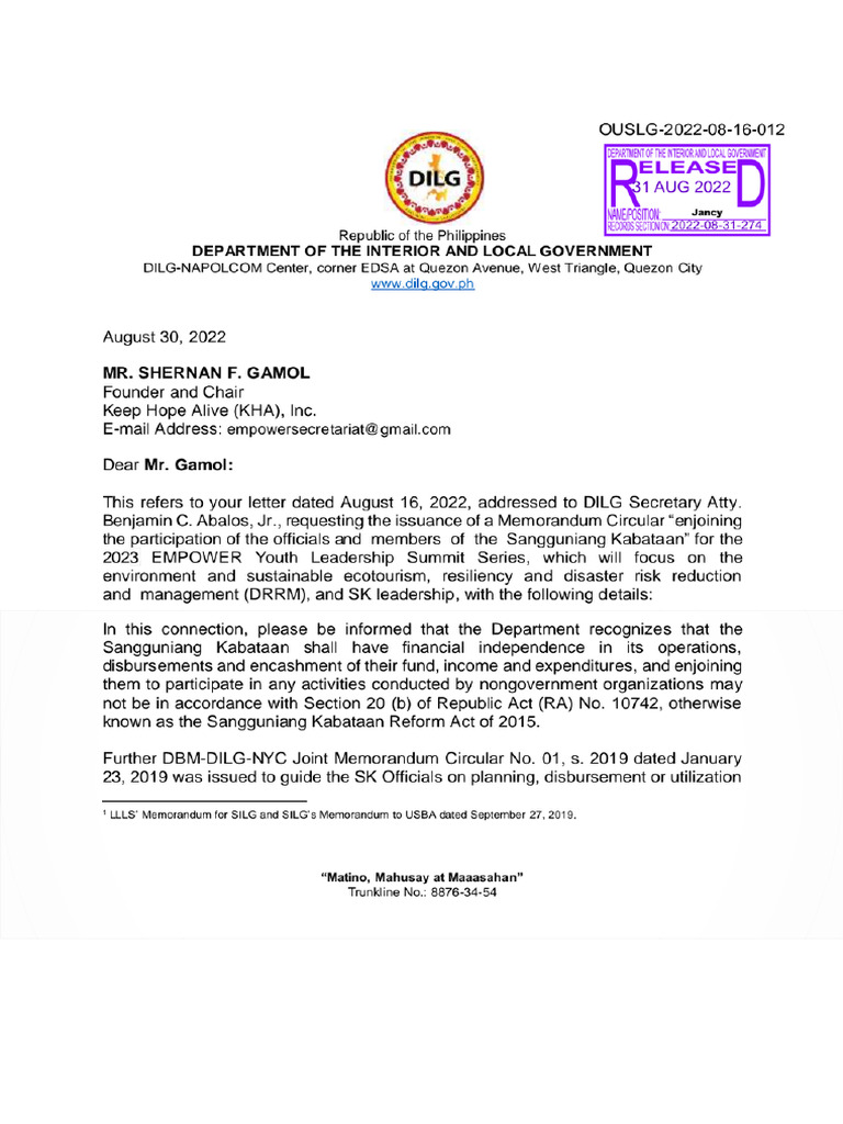 Dilg Moa & Endorsement Letter | PDF