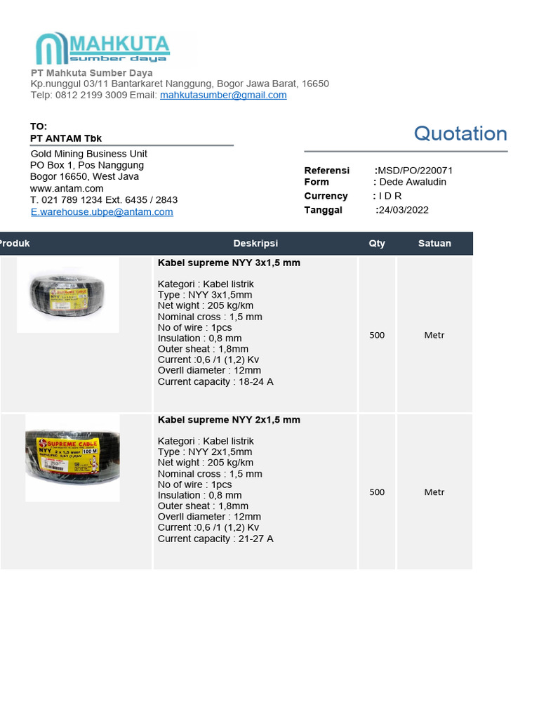 Quotation Kabel NYY Dan Tie Kable | PDF