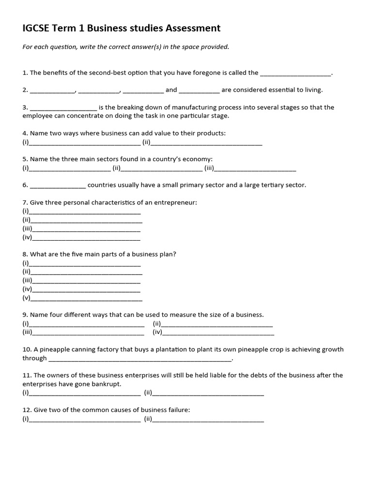 Business Studies Fill in The Blanks | PDF
