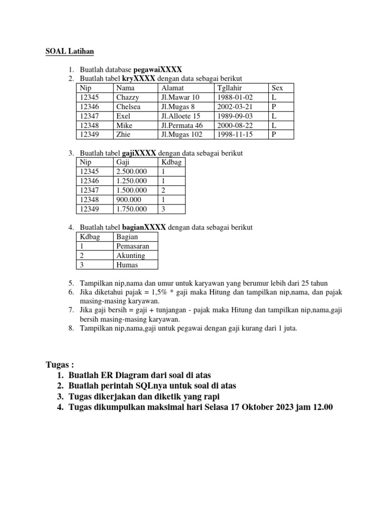 SOAL Latihan Perancangan Basis Data 1 | PDF