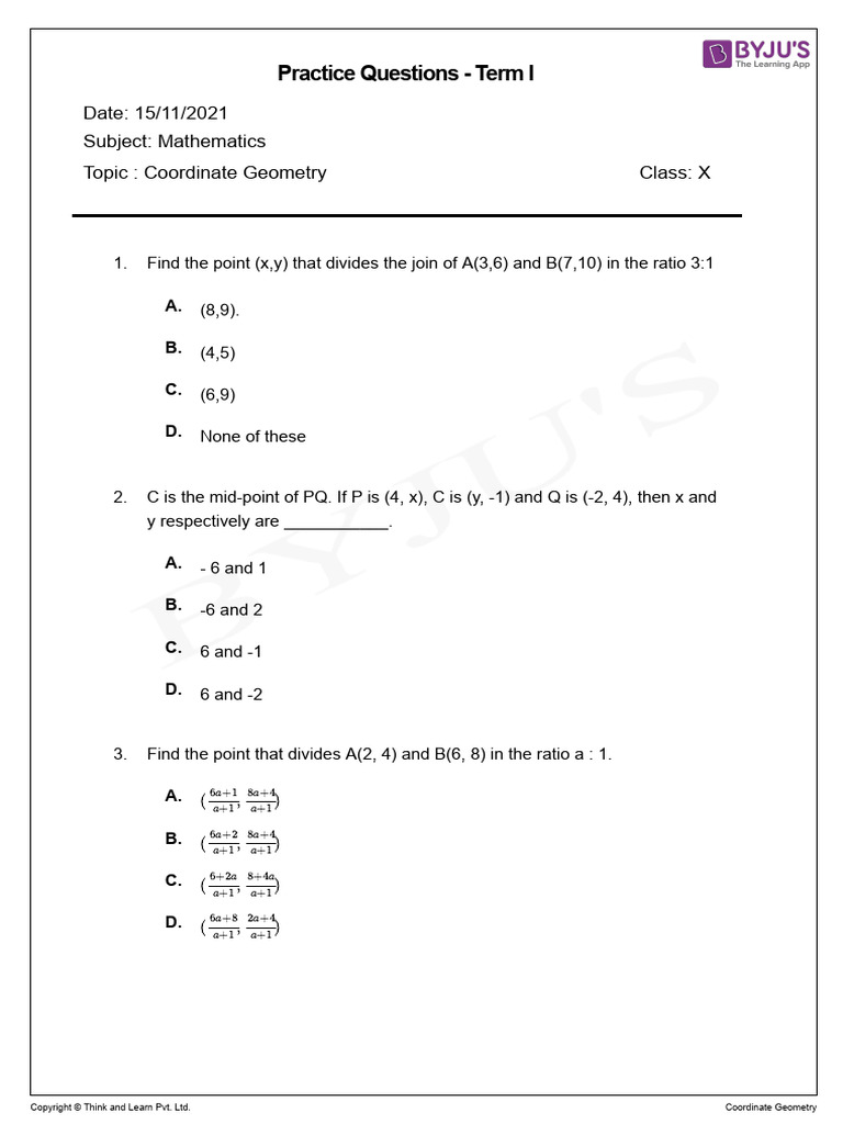 CBSE Class 10 Coordinate Geometry MCQ Practice Questions | PDF