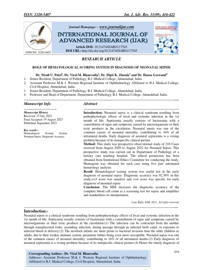 Role Of Hematological Scoring System In Diagnosis Of Neonatal Sepsis