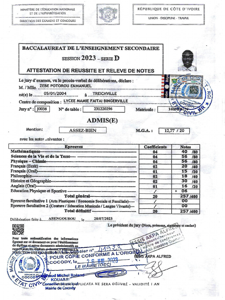 Releve de Note Du Bac | PDF