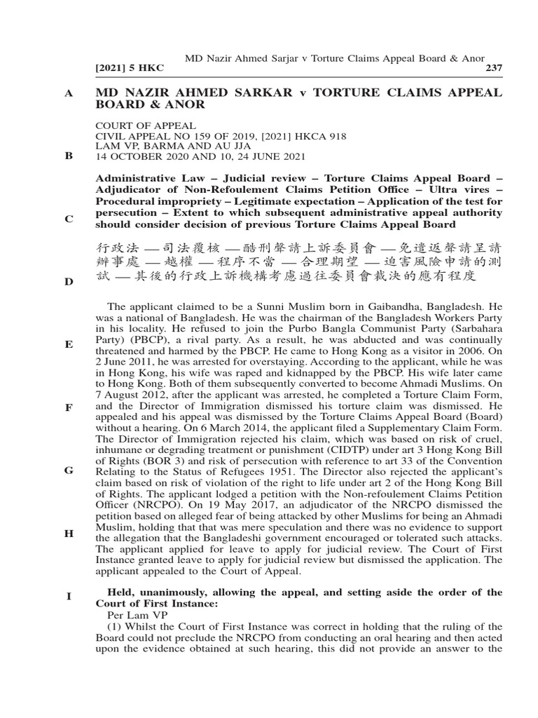 MD Nazir Ahmed Sarkar V Torture Claims Appeal Board & Anor - (2021) 5 HKC 237 | PDF | Judgment ...
