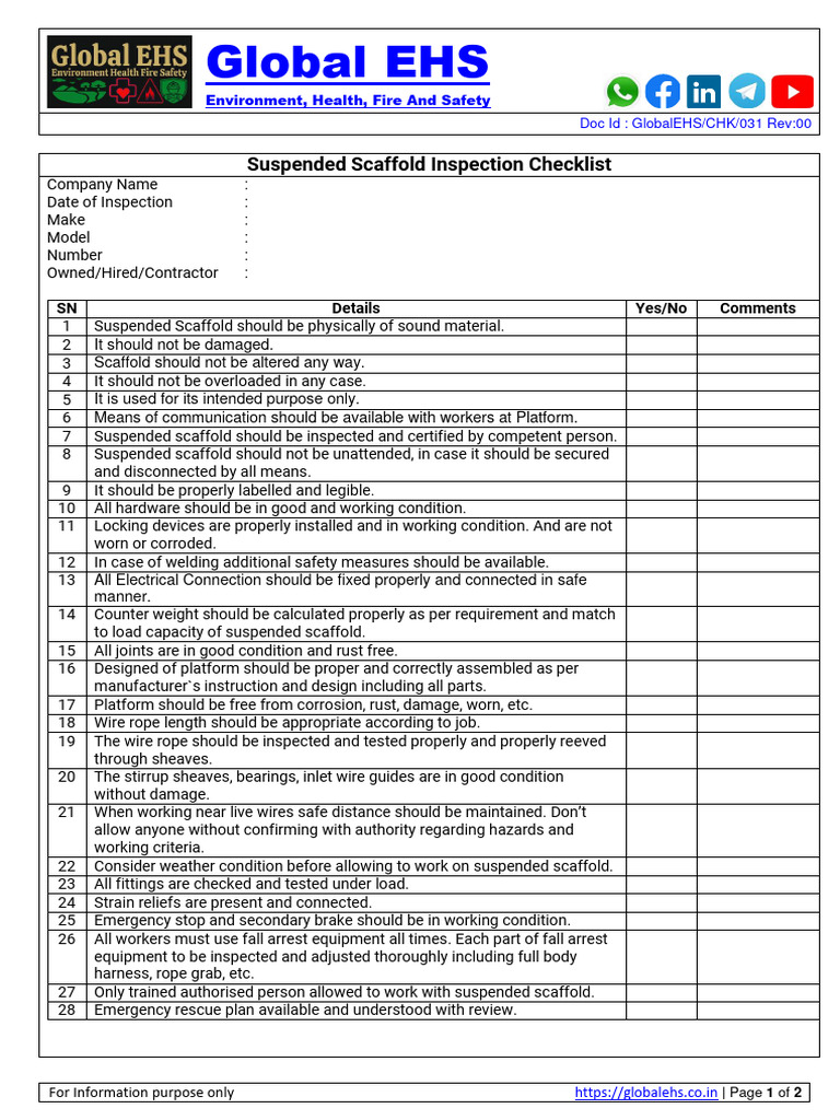 Suspended Scaffold Inspection Checklist Global EHS 031 | PDF