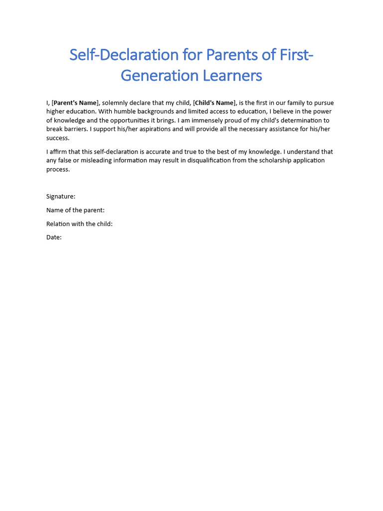 Self Declaration For First Generation Learners | PDF