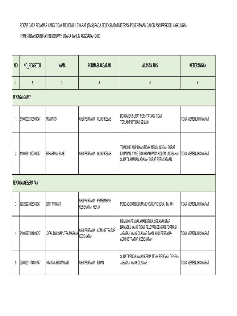 Rekap Data Pelamar Casn PPPK TMS | PDF