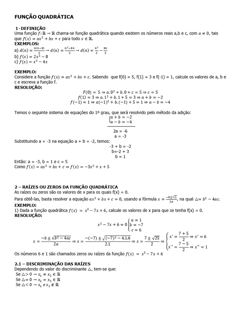 Função Quadrática - Com Exercícios | PDF | Métodos e Materiais de Ensino