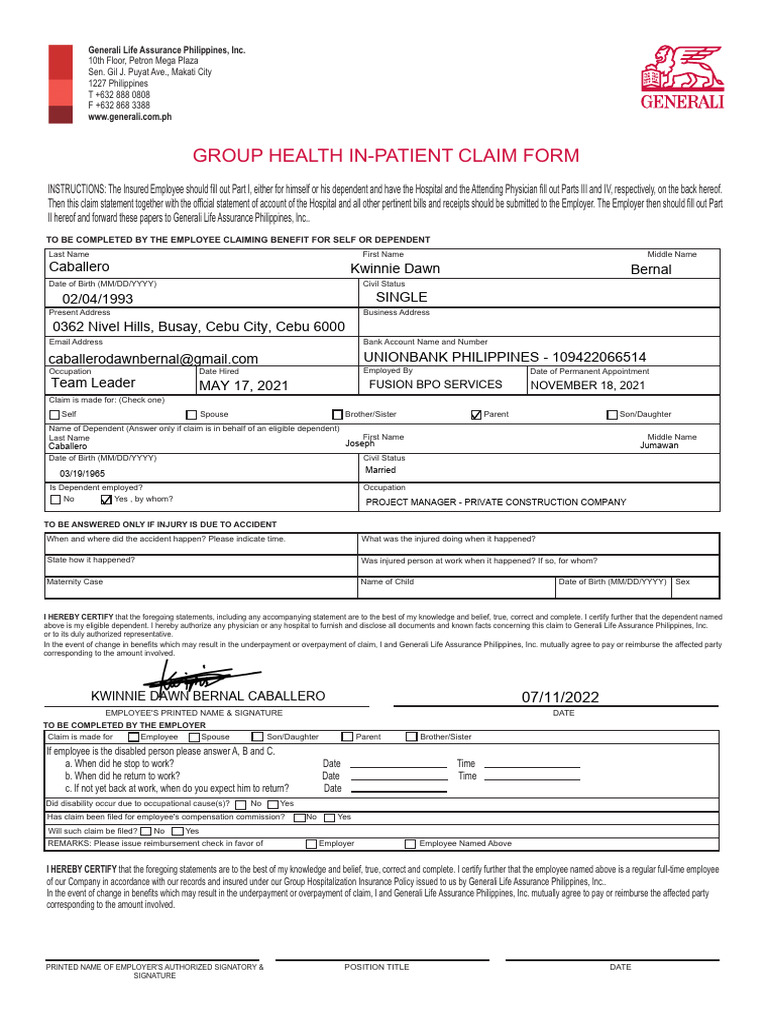 Generali - IP Claim Form - New | PDF | Hospital | Employment