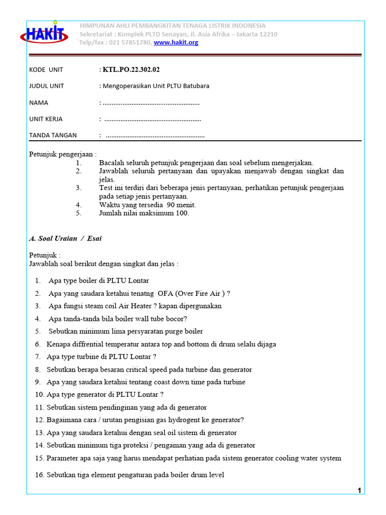 Soal Level 3 - Mengoperasikan PLTU (Lontar) | PDF