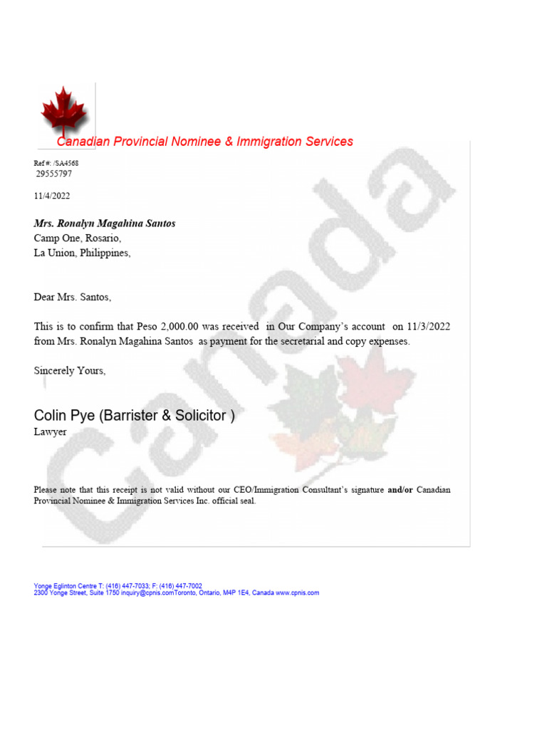 Immigration Package Payment Receipt | PDF