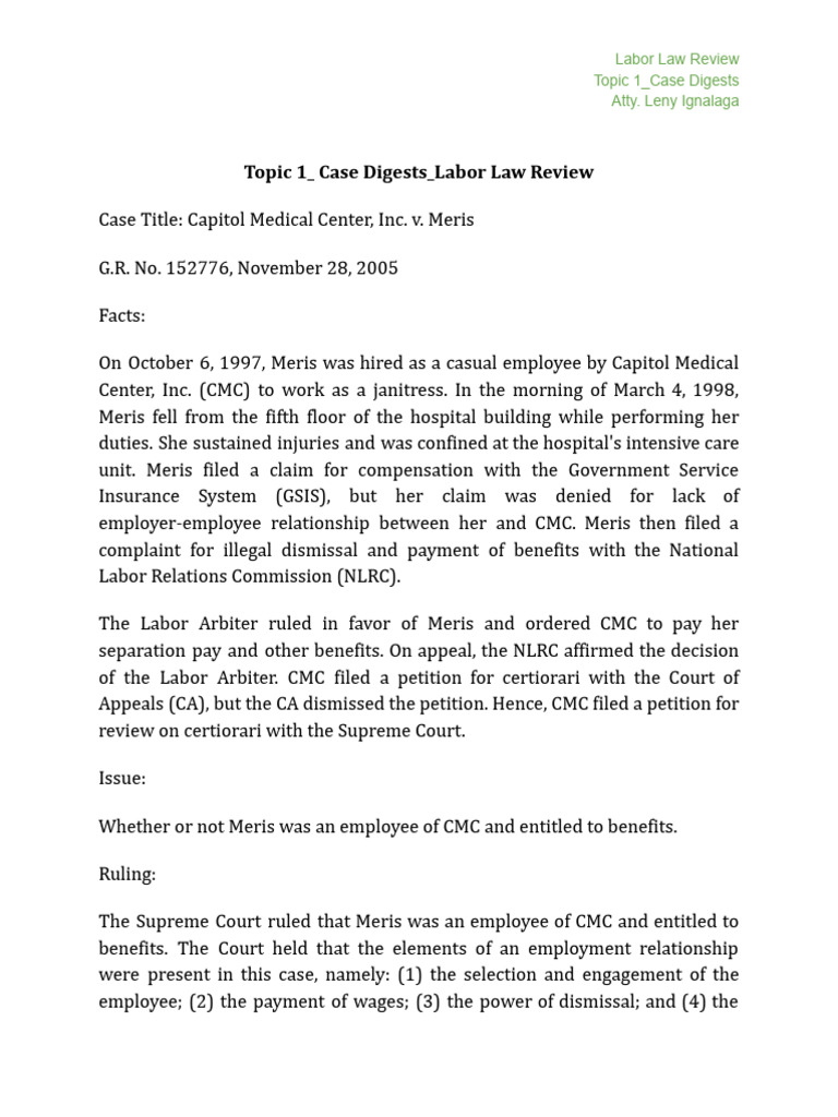 Topic 1 - Case Digests - Labor Law Review | PDF