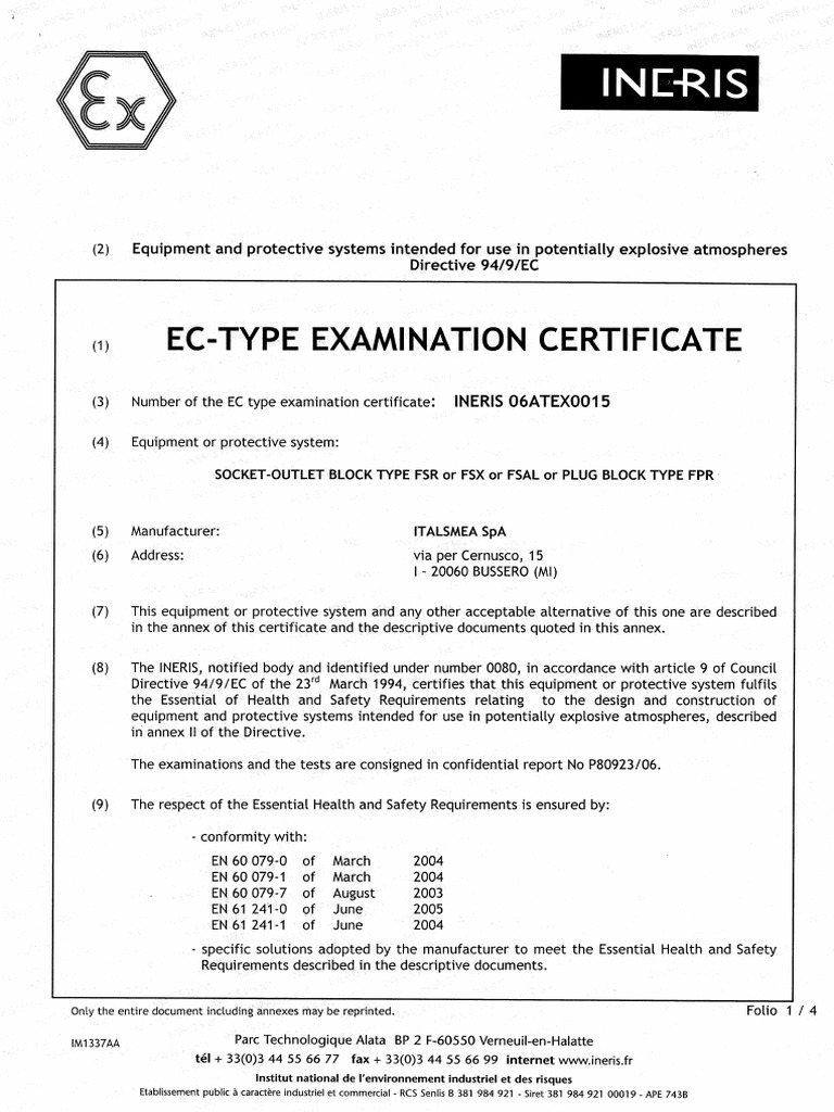 INERIS 06ATEX0015 + ADDITIONS (Eng) | PDF