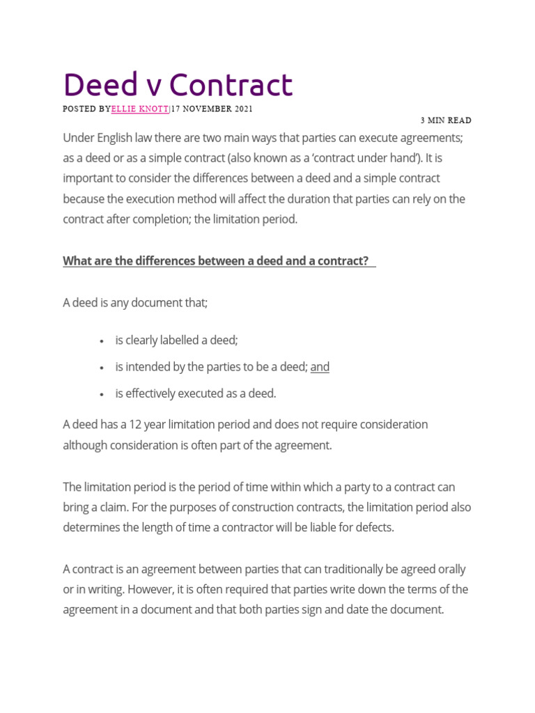 Deed Vs Contract | PDF | Deed | Consideration