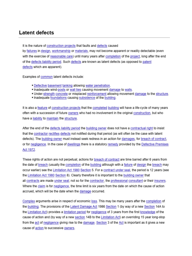 Latent Defect in Construction | PDF | Breach Of Contract | Legal Liability