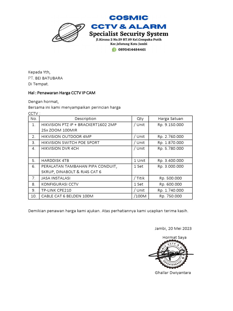 Surat Penawaran CCTV PT - Bei Batubara | PDF