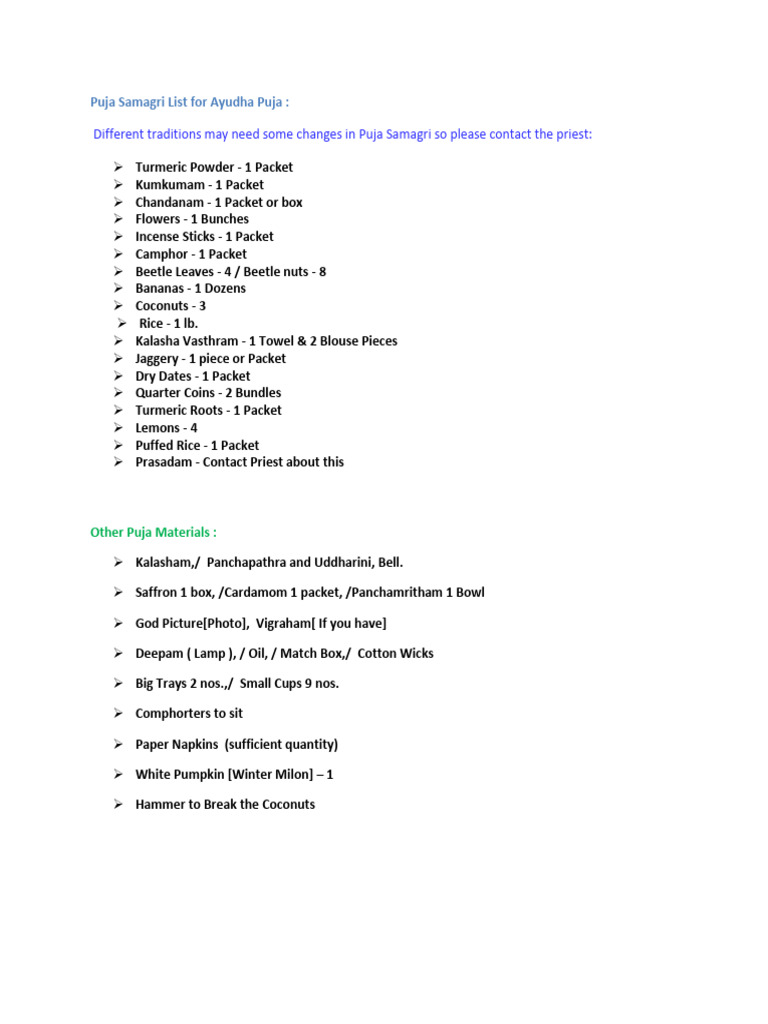 Puja Samagri List For Ayudha Puja | PDF