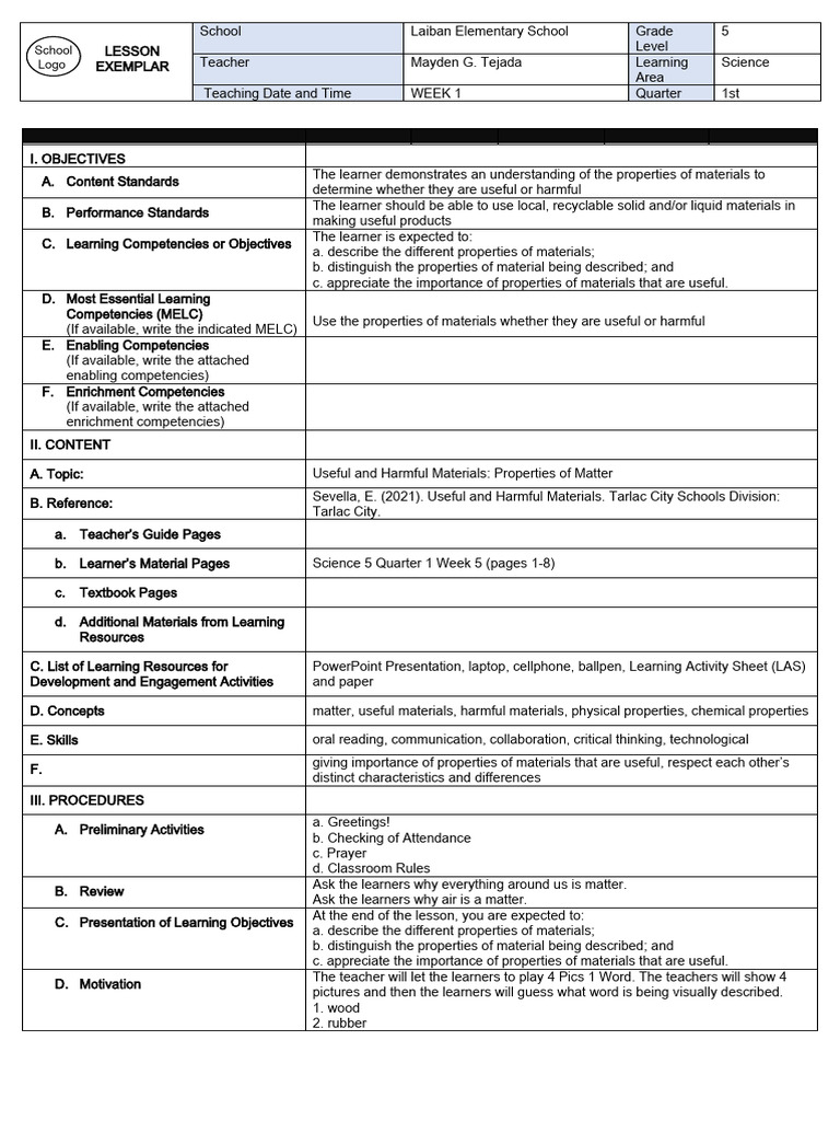 Grade 5 Science Lesson Exemplar Q1W1 | PDF | Learning | Metals