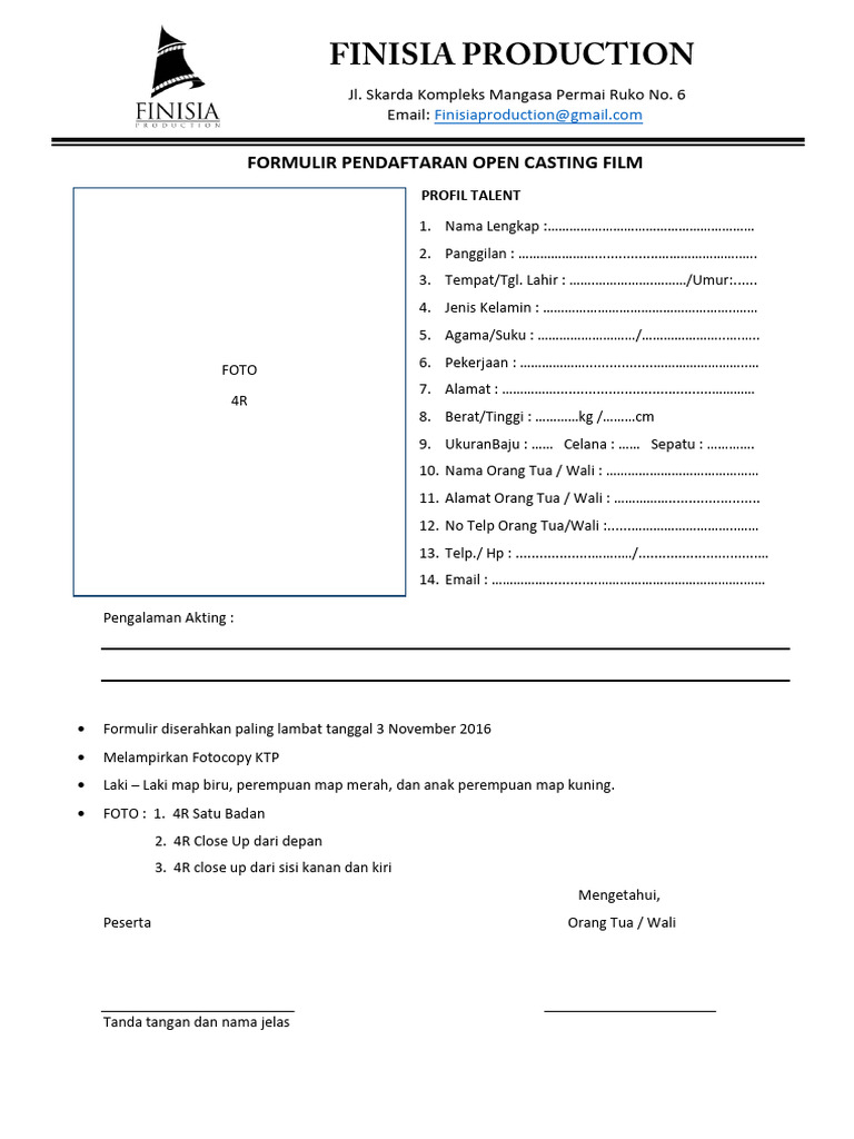 Finisia Formulir Pendaftaran Open Casting | PDF