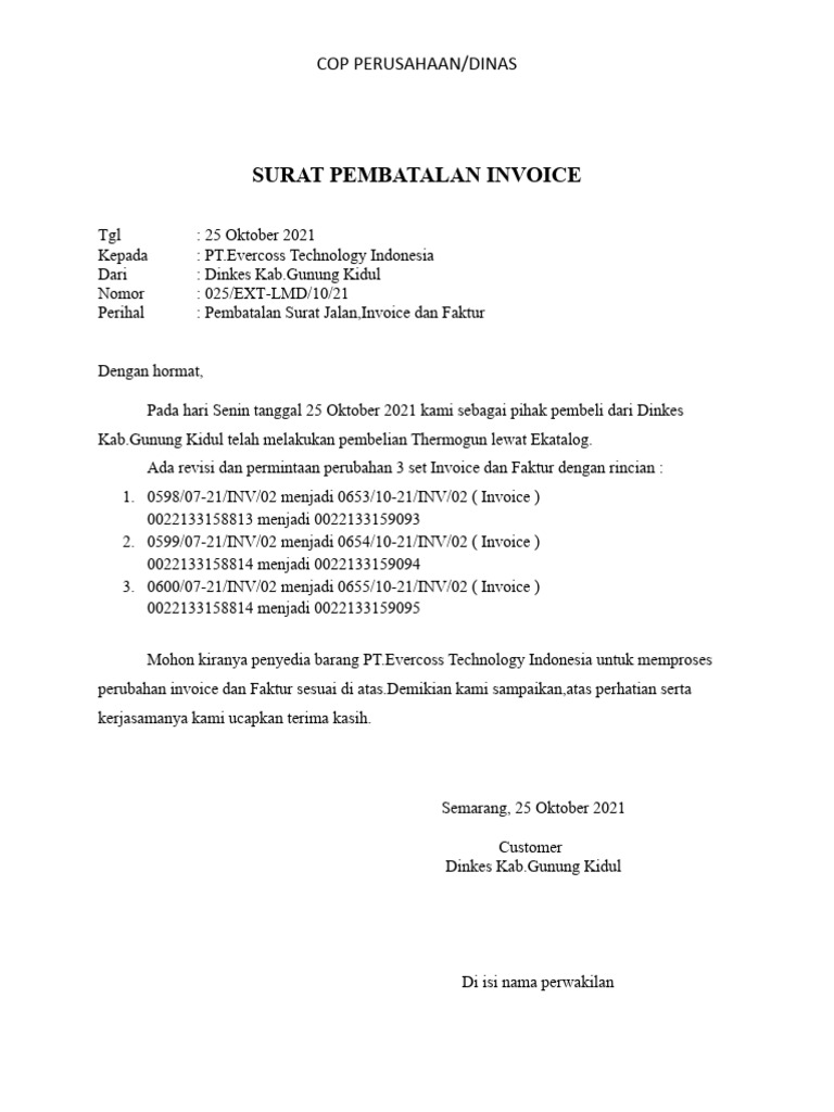Surat Pembatalan 3 INV Dinkes Kab - Gunungkidul | PDF