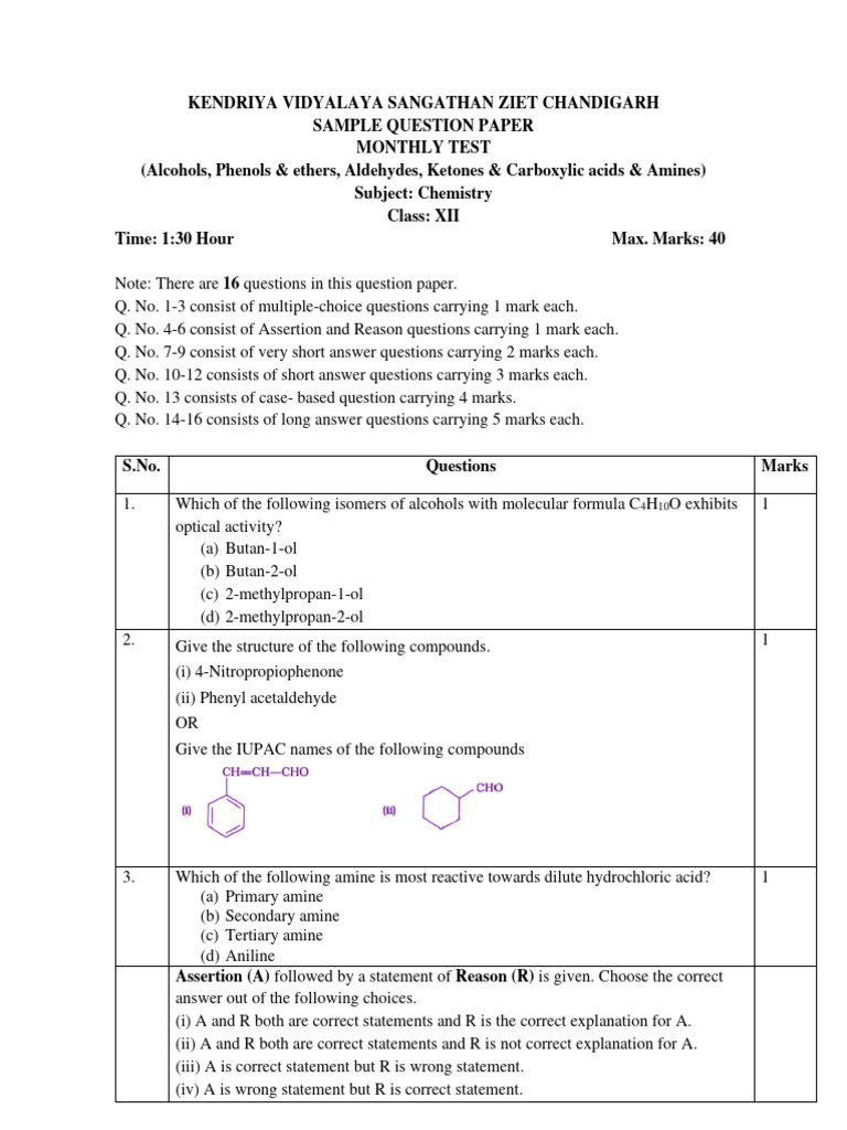 Class 12 Chemistry Monthly Test Paper | PDF | Aldehyde | Amine