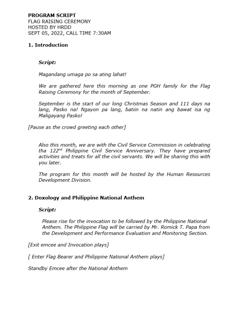 Program Script Flag Raising Ceremony 2022 | PDF