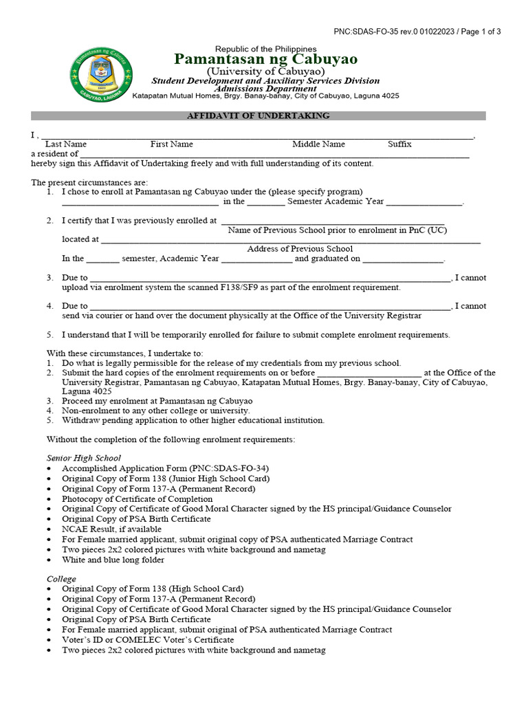 PNC SDAS FO 35 Affidavit of Undertaking 20230505100423 | PDF | Career & Growth