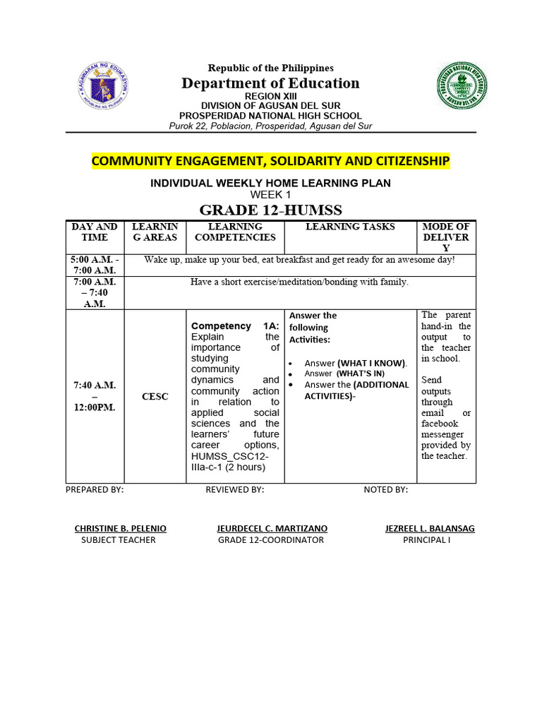 Grade 12 Weekly Home Learning Plan | PDF
