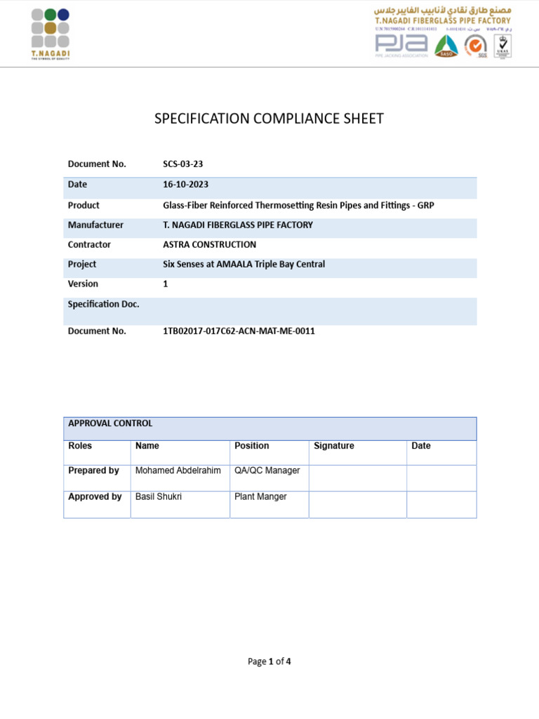 Compliance Sheet | PDF | Pipe (Fluid Conveyance) | Fiberglass