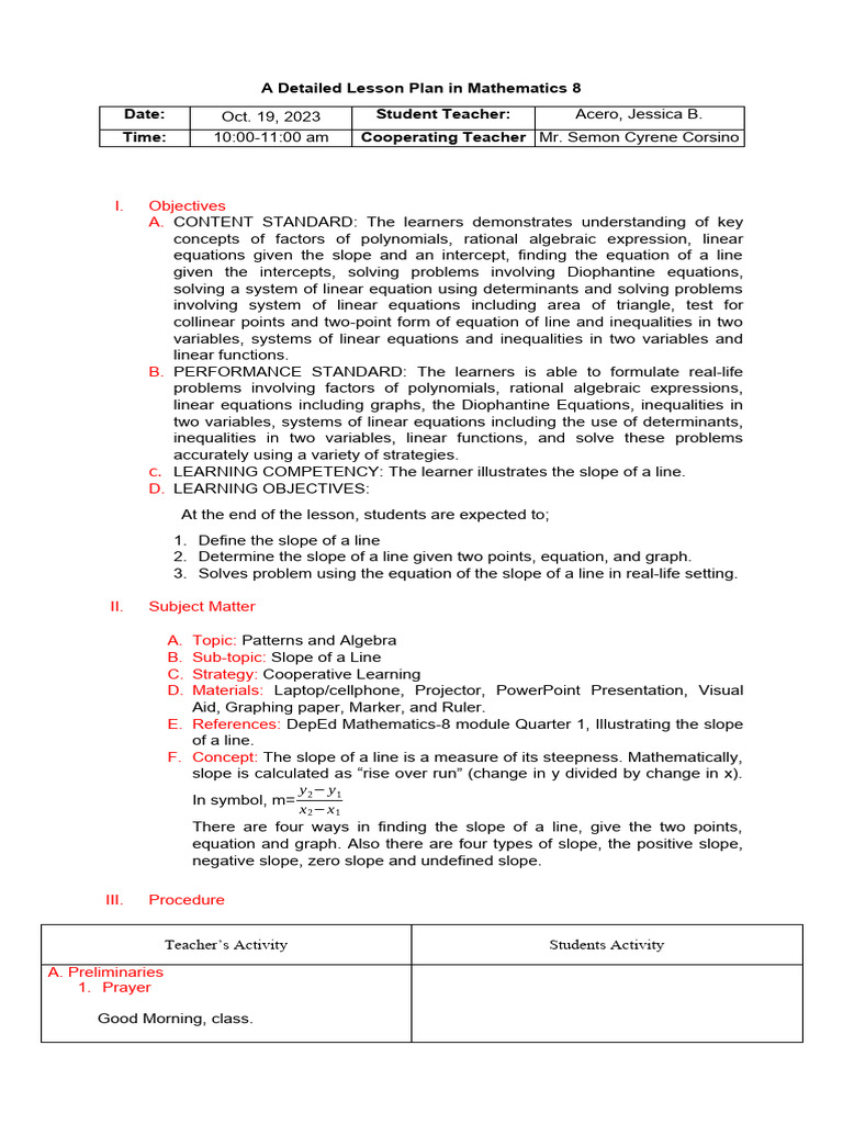 Mathematics 8 Lesson Plan: Slope of a Line | PDF