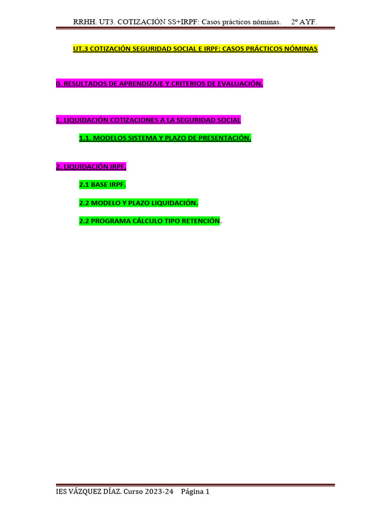 UT 3 Cotización SS+IRPF Casos Prácticos Nómina | PDF