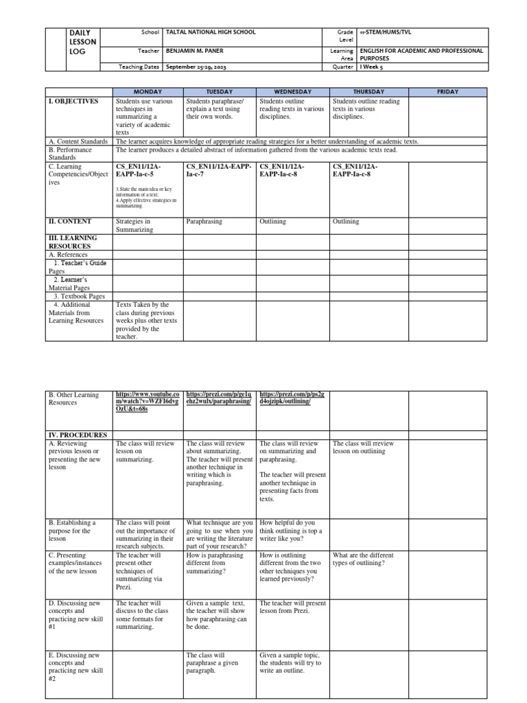 Week 5 Lesson Plan: Summarizing Skills | PDF | Career & Growth ...