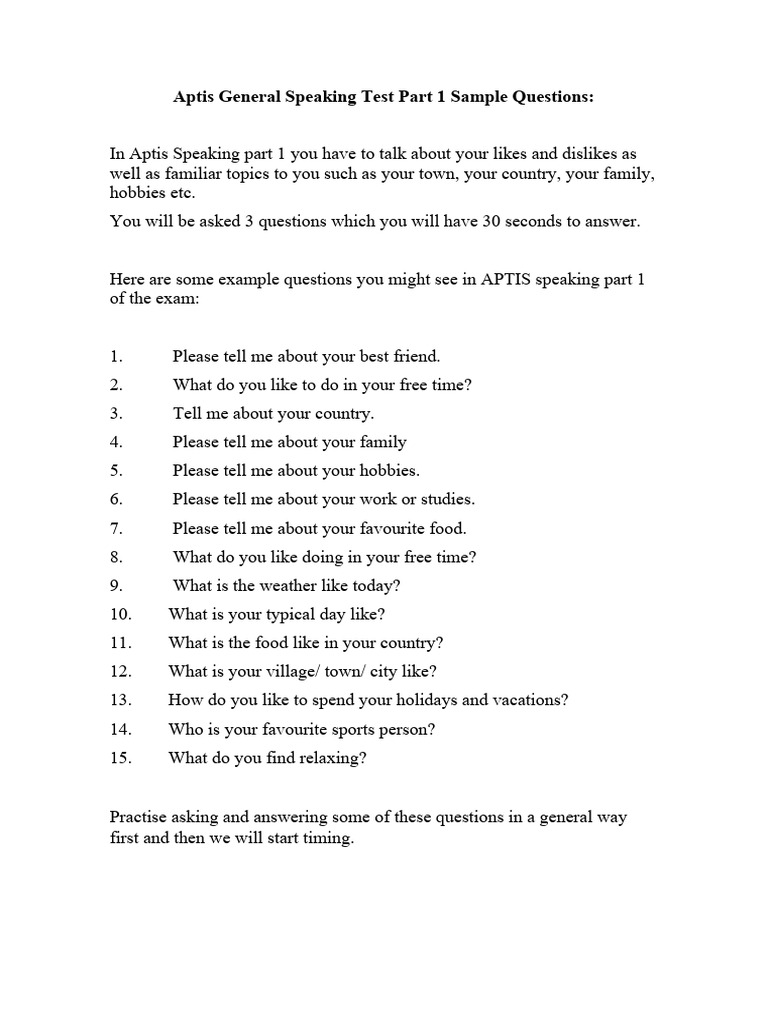 Aptis General Speaking Test Part 1 Sample Questions | PDF