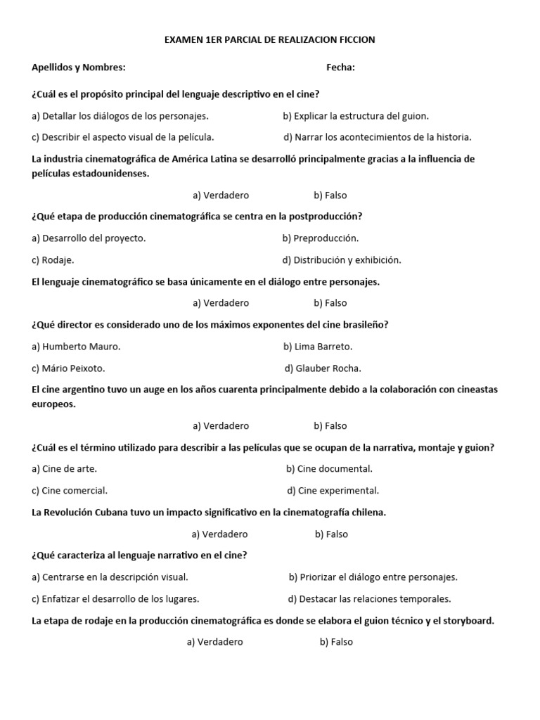 EXAMEN 1ER PARCIAL DE REALIZACION FICCION Preguntas | PDF