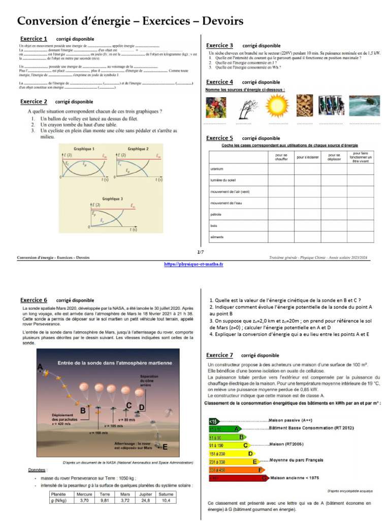 Conversion Energie Exercices | PDF | Sciences et mathématiques