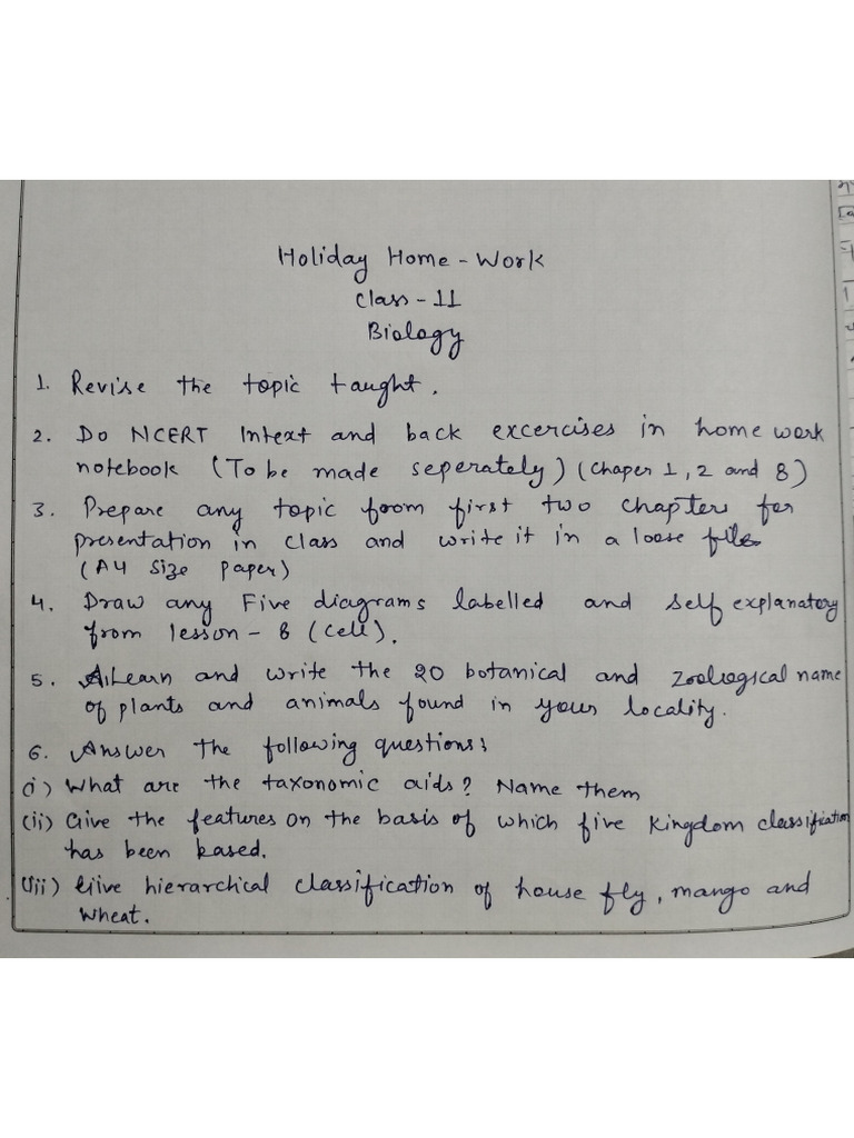Class - 11 Biology Holiday Homework | PDF