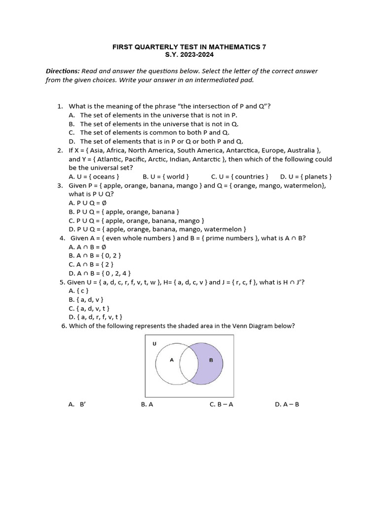 Exam Math7 1stquarter | PDF