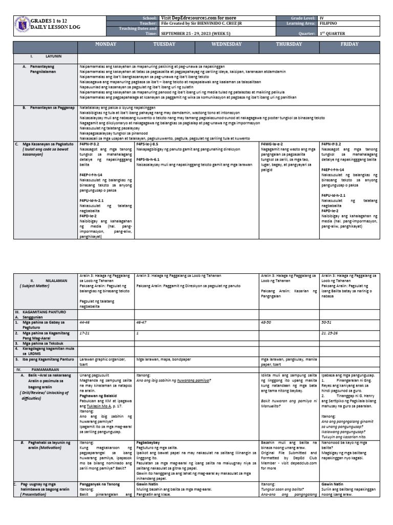 DLL Filipino 4 q1 w5 | PDF