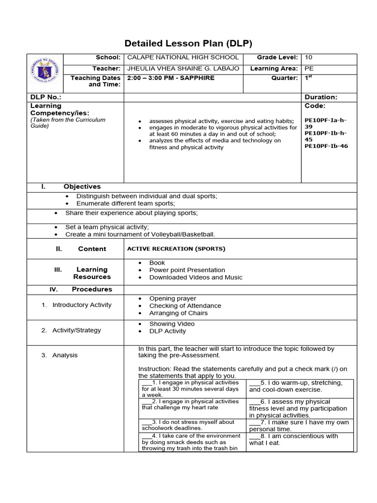 Detailed Lesson Plan (DLP) : DLP No.: Duration: Learning Competency/ies: Code | PDF