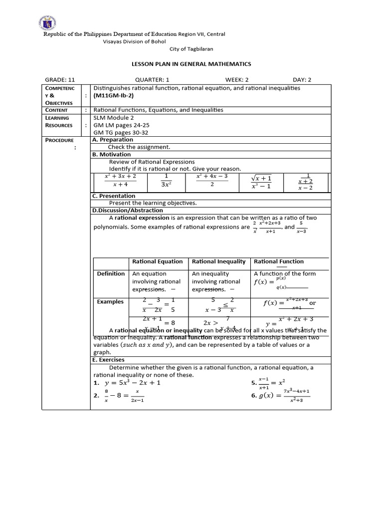 BOHOL MATHSHS GENMATH Q1 PLP2DAY2 v.01 | PDF | Equations | Function (Mathematics)