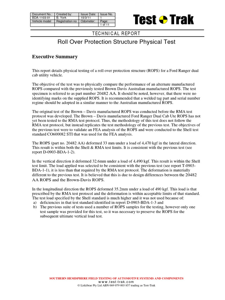 RMA ROPS Certificate & Test Track (J97) | PDF