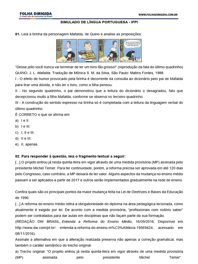 Simulado-IFPI-L Ngua Portuguesa | PDF