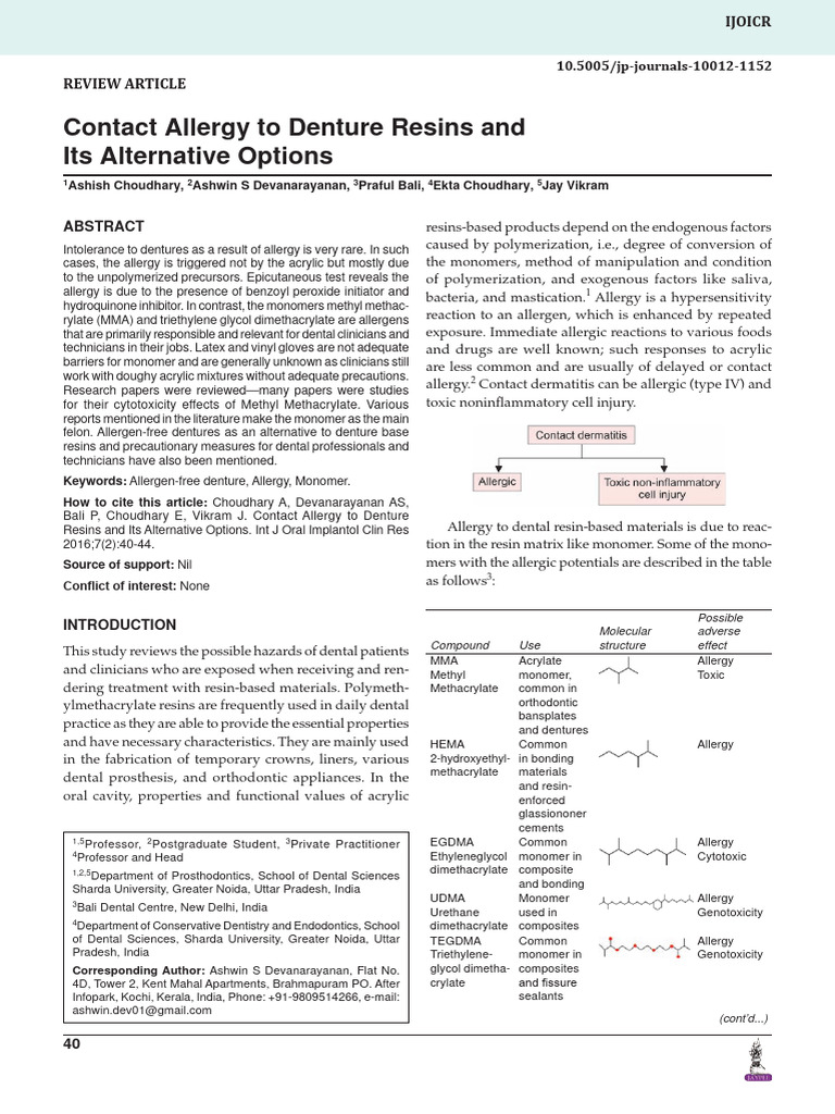 Denture Resin Allergy and Alternatives | PDF | Technology & Engineering