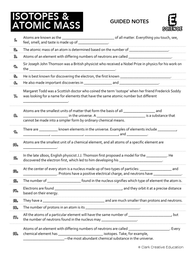 Isotopes and Atomic Mass Guided Notes | PDF | Atoms | Isotope